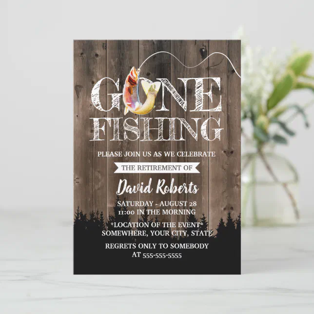 Retired Gone Fishing Trout Outdoors Retirement Invitation | Zazzle