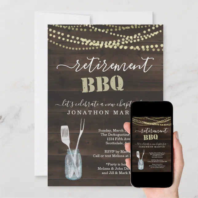 Retirement BBQ Party Invitation - Rustic Wood | Zazzle