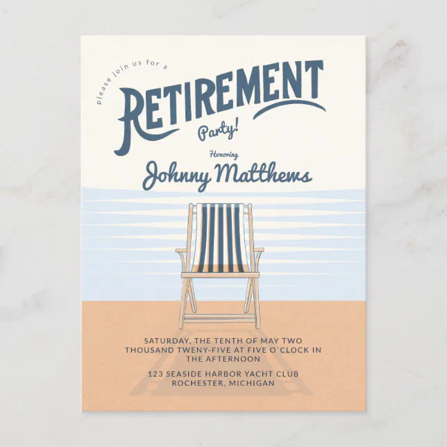 Retirement beach chair postcard invitation | Zazzle
