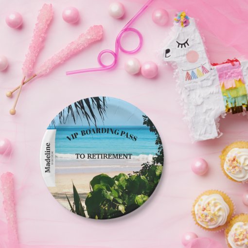 Retirement Beach Scene Boarding Pass Destination Paper Plates | Zazzle