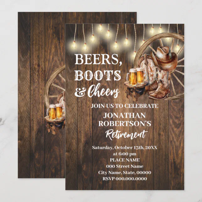 Retirement Beers Boots & Cheers Western Party Invitation | Zazzle