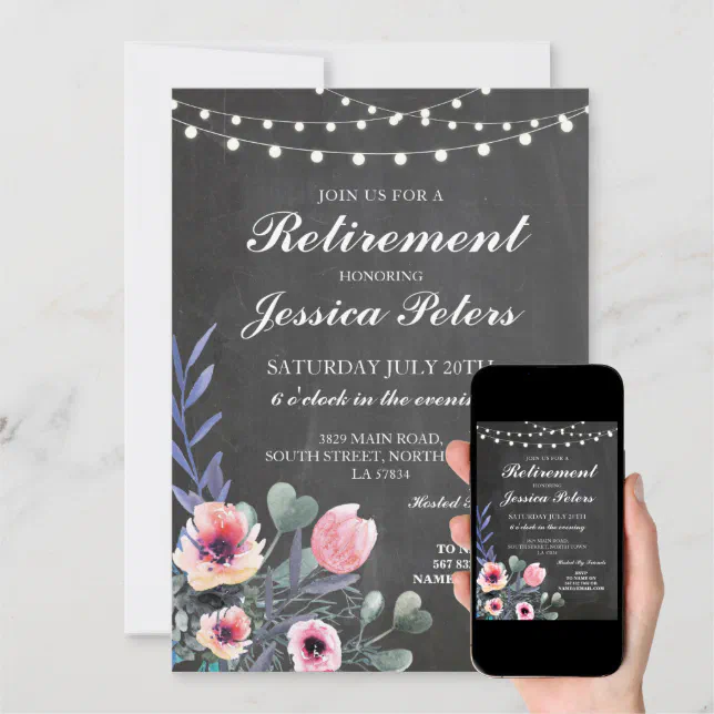 Retirement Birthday Pink Flowers Chalk Invite | Zazzle