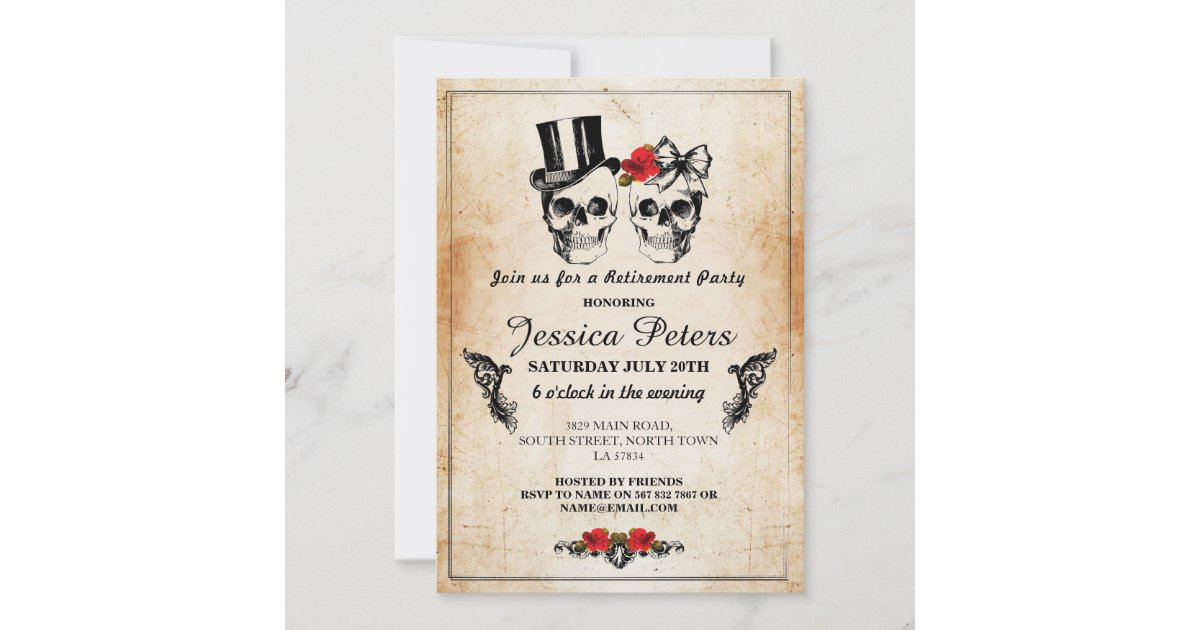 Retirement Birthday Skulls Invite Halloween Rose | Zazzle