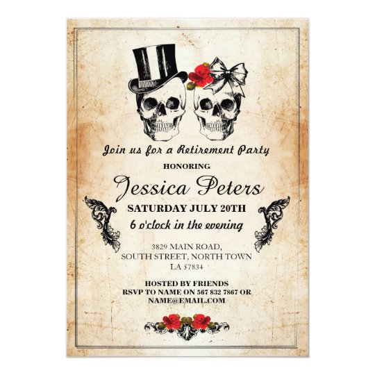 Retirement Birthday Skulls Invite Halloween Rose | Zazzle.com