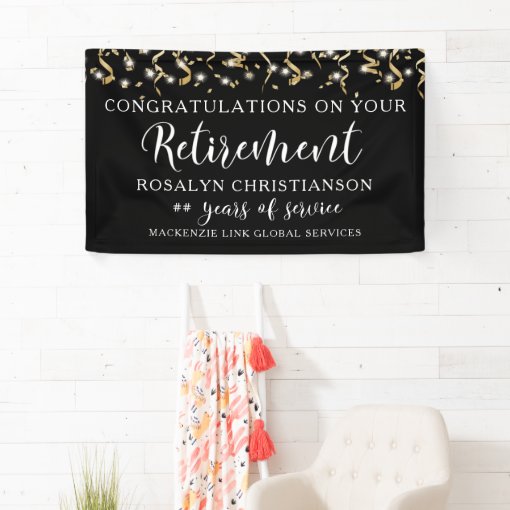 Retirement Black Gold Confetti Streamers Script Banner | Zazzle
