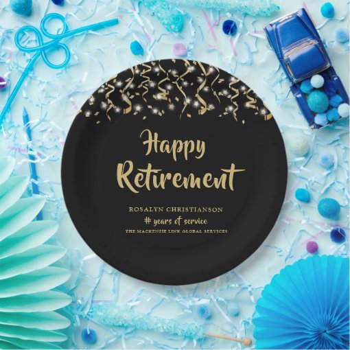 Retirement Black Gold Streamers Years of Service Paper Plates | Zazzle