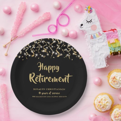 Retirement Black Gold Streamers Years of Service Paper Plates | Zazzle
