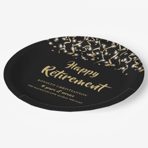 Retirement Black Gold Streamers Years of Service Paper Plates | Zazzle