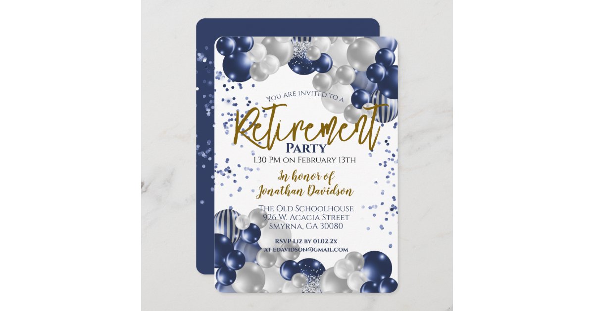 Retirement Blue Silver Gold Balloon Invitation | Zazzle