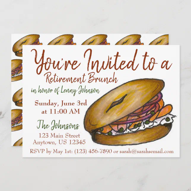 Retirement Breakfast Brunch Bagel Lox Capers Onion Invitation | Zazzle