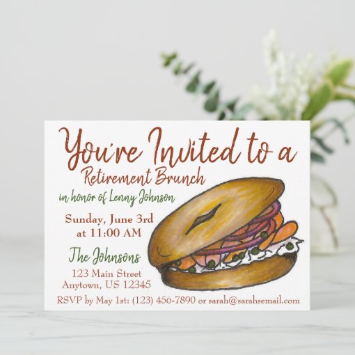 Retirement Breakfast Brunch Bagel Lox Capers Onion Invitation | Zazzle
