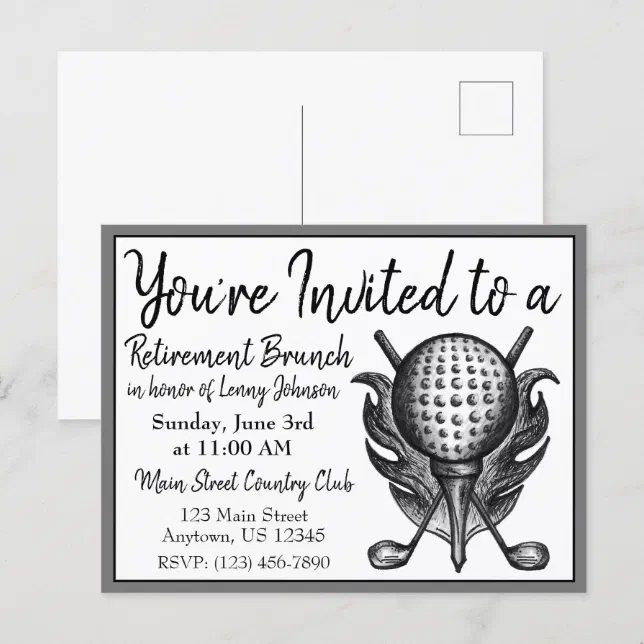 Retirement Breakfast Brunch Golf Ball Clubs Tee Invitation Postcard ...