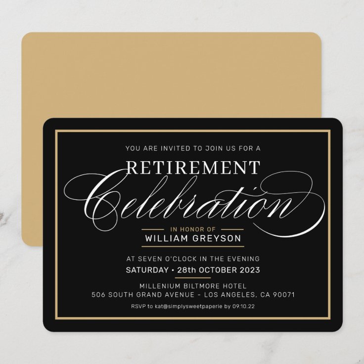 RETIREMENT CELEBRATION DINNER modern black gold Invitation | Zazzle
