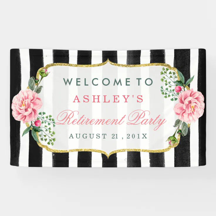 Retirement Celebration Romantic Floral Stripes Banner | Zazzle