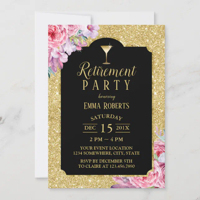 Retirement Cocktail Party Modern Gold Floral Invitation | Zazzle