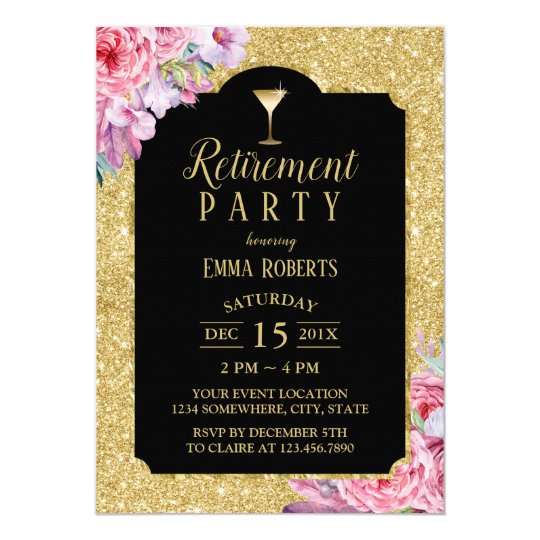 Retirement Cocktail Party Modern Gold Floral Invitation | Zazzle.com