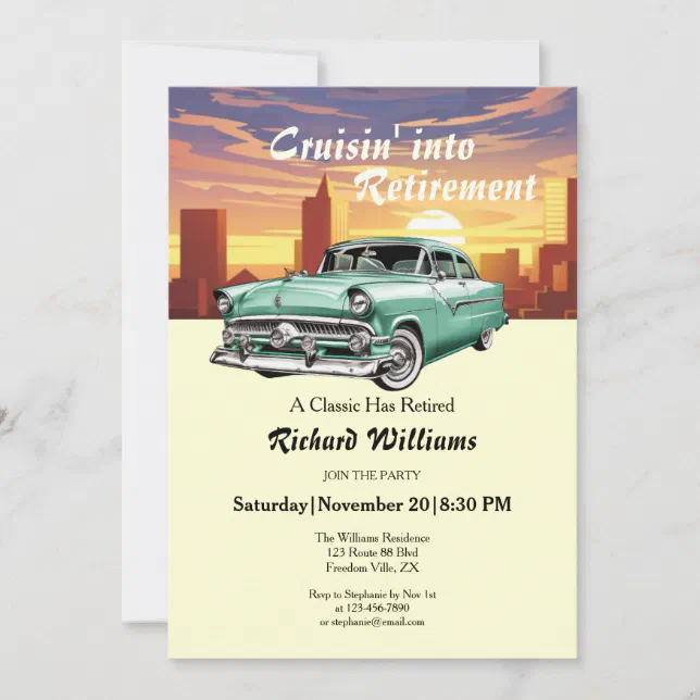 Retirement Cruising Classic Retro Car City Party Invitation | Zazzle
