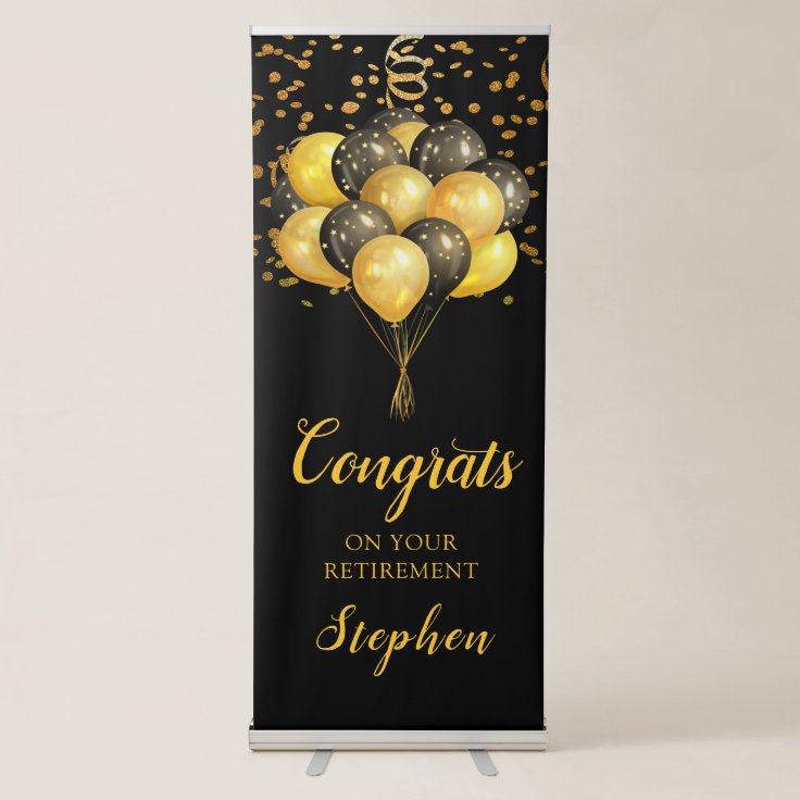 Retirement Gold Black Balloons Confetti Retractable Banner | Zazzle
