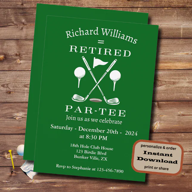 Retirement Golf Modern Emblem Golf Clubs Retired Invitation | Zazzle