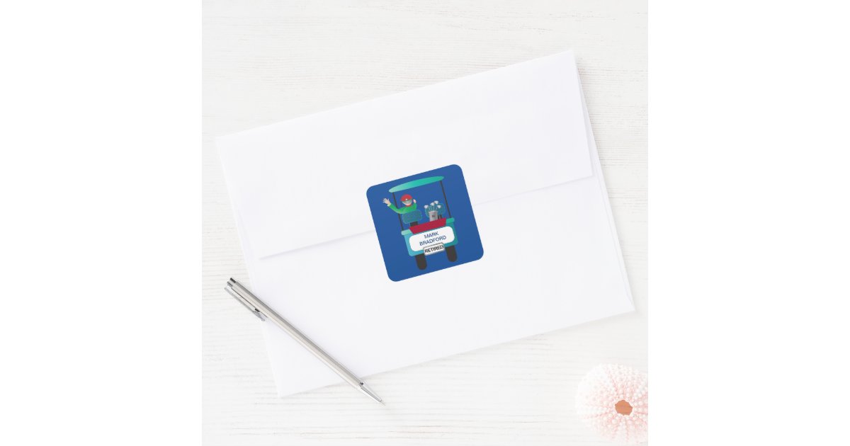 Retirement Golfer in Golf Cart Waving Goodbye Square Sticker | Zazzle