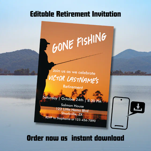 Retirement Gone Fishing Sunset Retired Fisherman Invitation | Zazzle