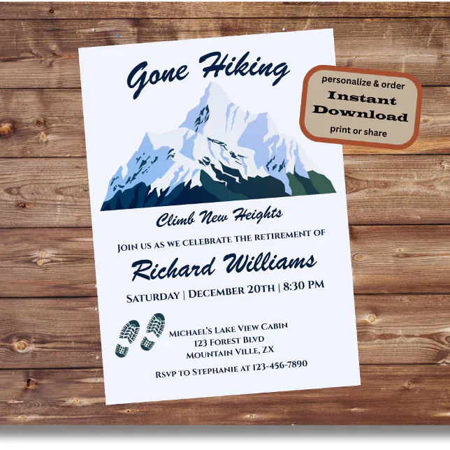 Retirement Gone Hiking Snowy Mountains Happy Trail Invitation | Zazzle