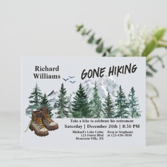 Retirement Gone Hiking to the Mountains Outdoors Invitation | Zazzle