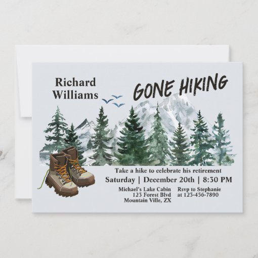 Retirement Gone Hiking to the Mountains Outdoors Invitation | Zazzle
