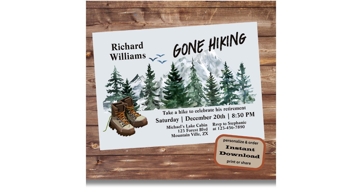 Retirement Gone Hiking to the Mountains Outdoors Invitation | Zazzle