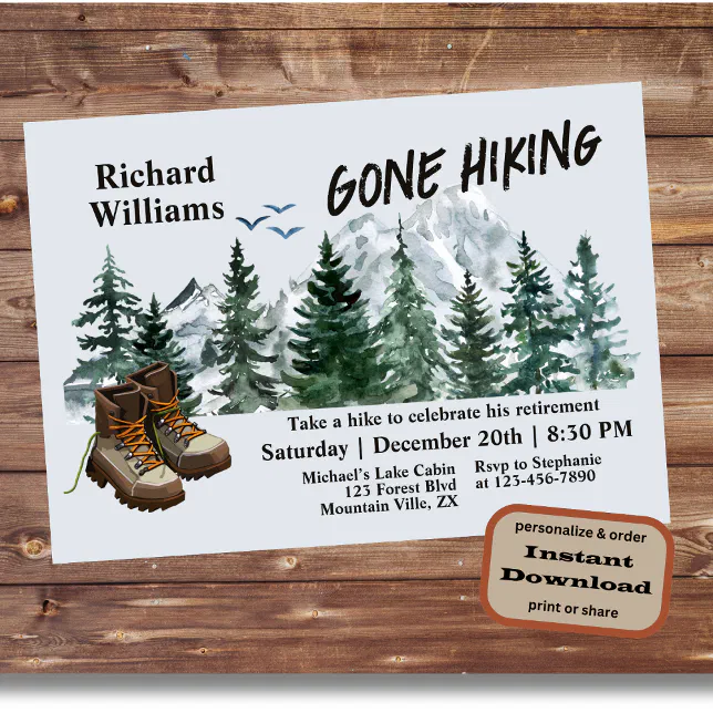 Retirement Gone Hiking to the Mountains Outdoors Invitation | Zazzle
