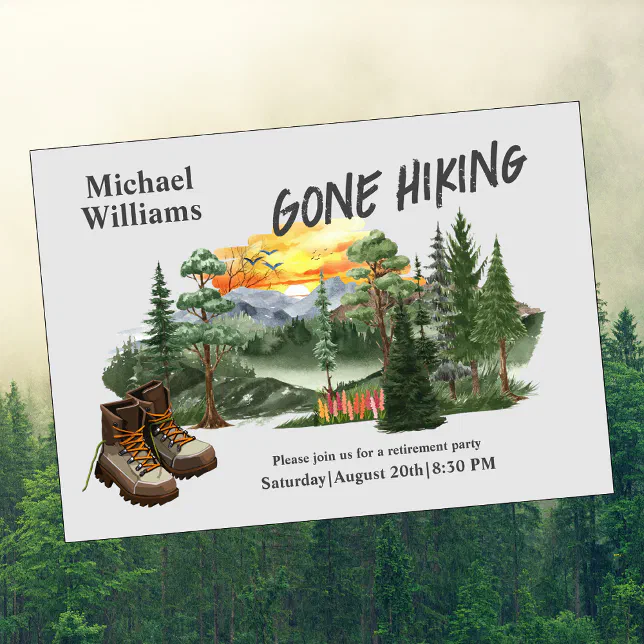 Retirement Gone Hiking to the Mountains Sunrise Invitation | Zazzle
