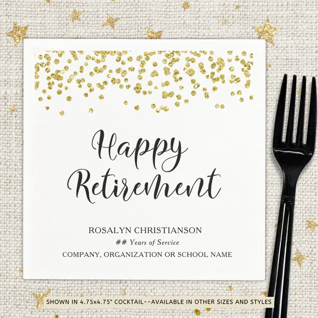 RETIREMENT Handwritten Script Gold Confetti Name Napkins | Zazzle