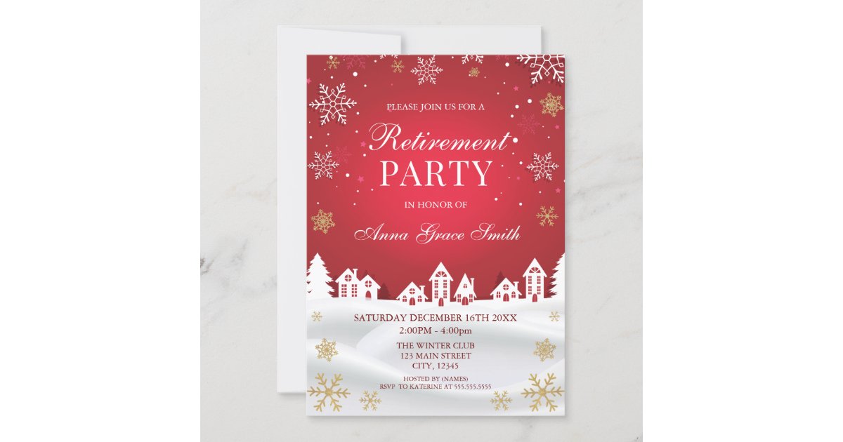 Retirement Holiday Party Red Winter Invitation | Zazzle