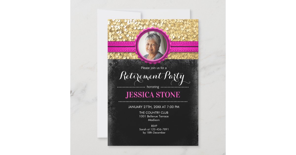 Retirement Invitation With Photo - Pink Gold Black | Zazzle