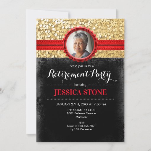 Retirement Invitation With Photo - Red Gold Black | Zazzle