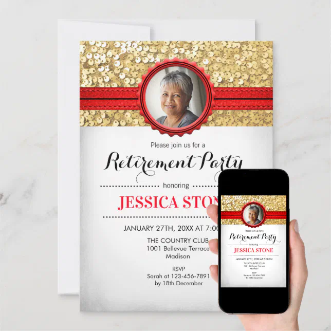 Retirement Invitation With Photo - Red Gold White | Zazzle