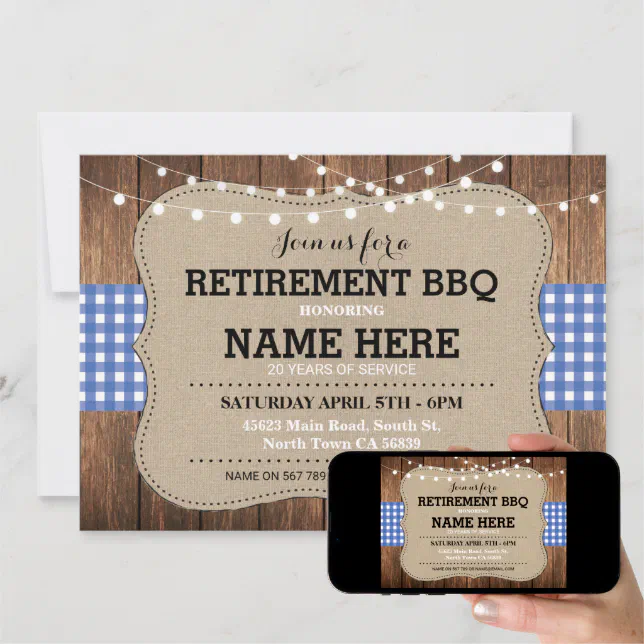 Retirement Invite BBQ Retired Party Blue Gingham | Zazzle