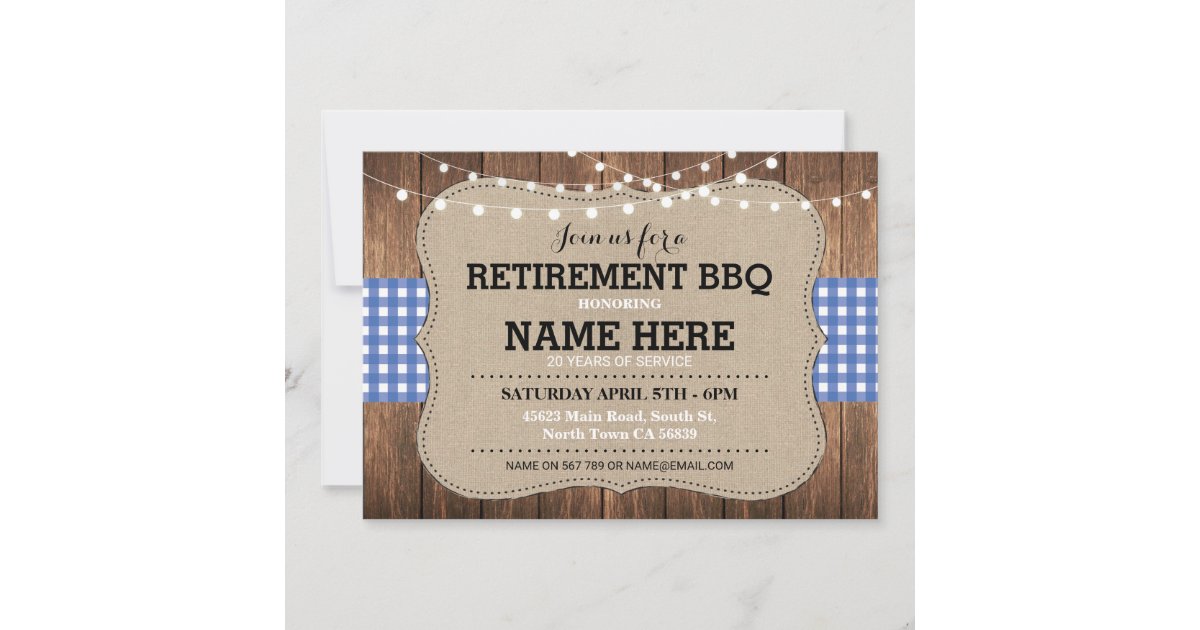Retirement Invite BBQ Retired Party Blue Gingham | Zazzle
