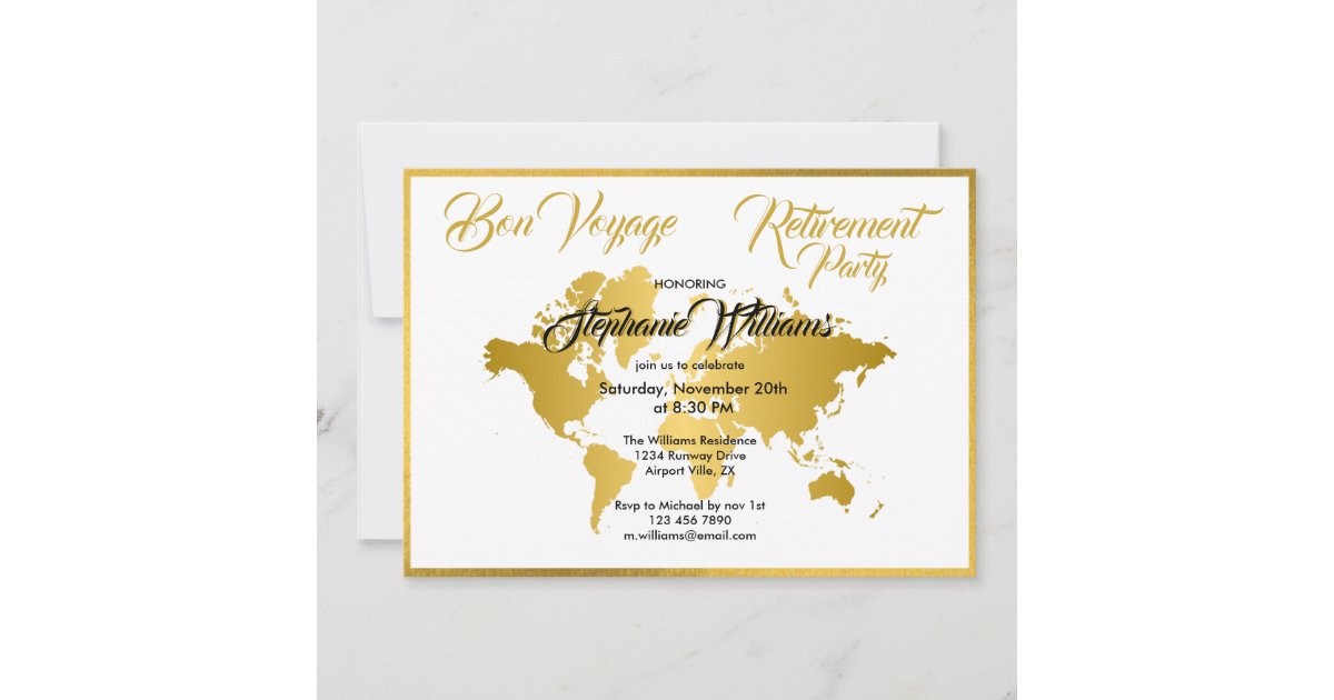 Retirement Party Bon Voyage Golden Border Worldmap Invitation | Zazzle