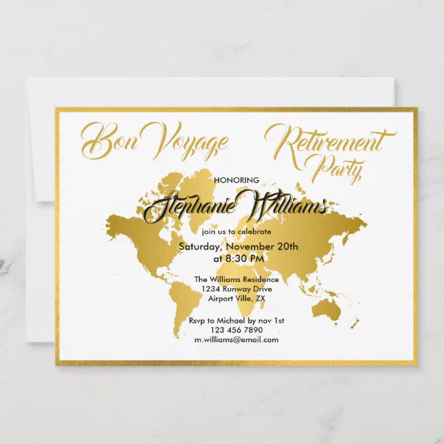 Retirement Party Bon Voyage Golden Border Worldmap Invitation | Zazzle