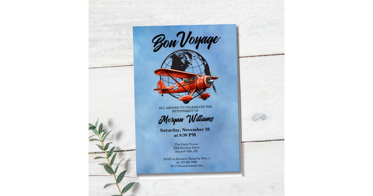 Retirement Party Bon Voyage Travel Globe Plane Invitation | Zazzle