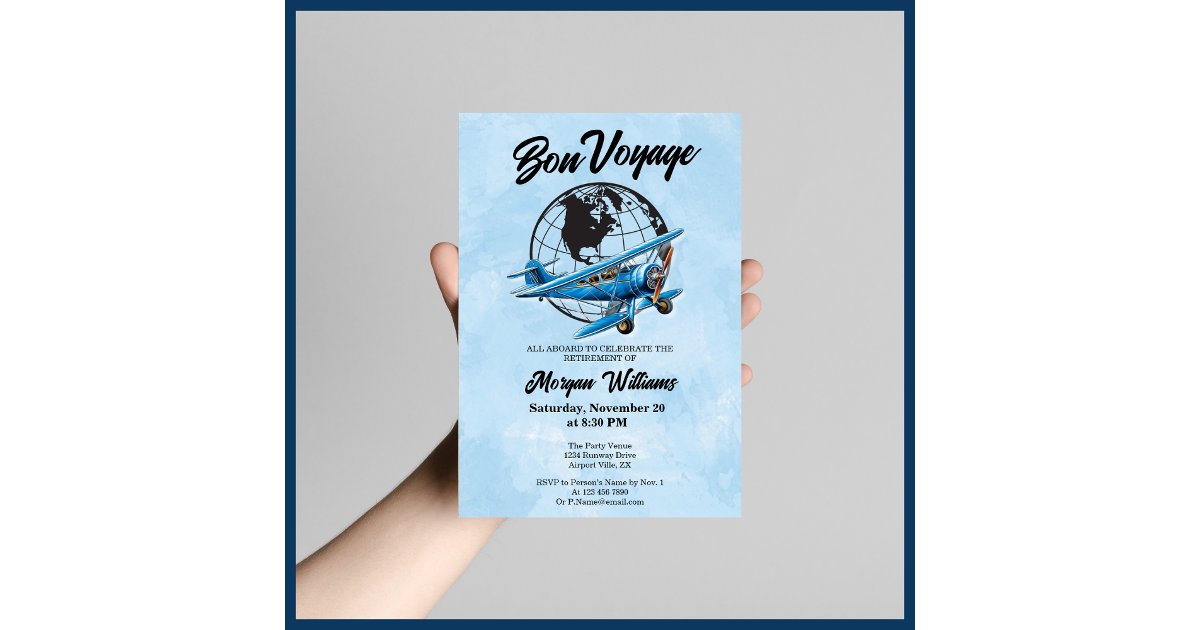 Retirement Party Bon Voyage Travel Globe Plane Invitation | Zazzle