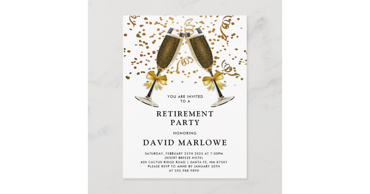 Retirement Party Champagne Gold Glitter Confetti Postcard | Zazzle
