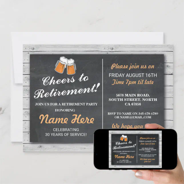 Retirement Party Cheers Beers Wood Chalk Invite | Zazzle