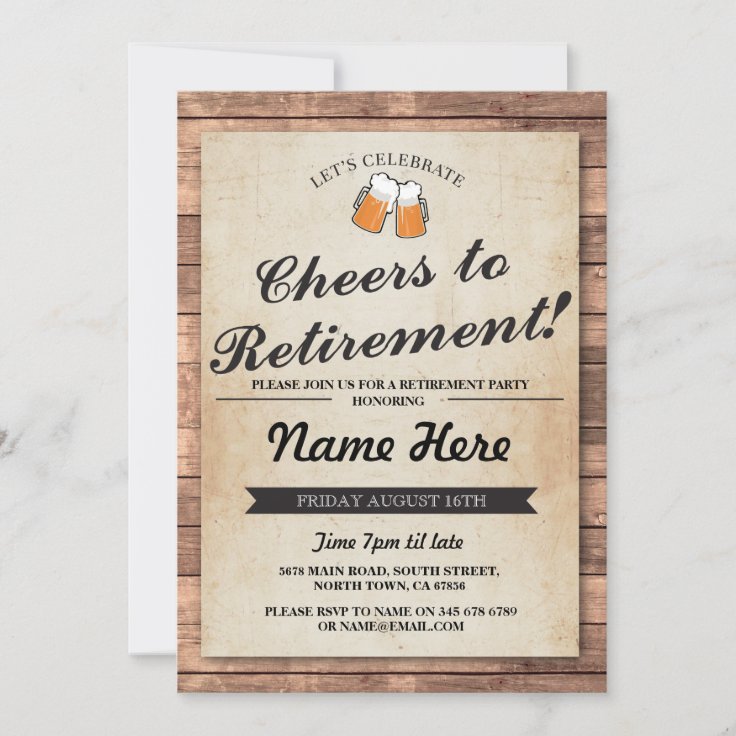 Retirement Party Cheers Beers Wood Pub Invitation | Zazzle