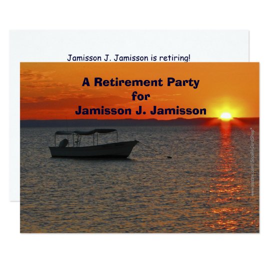 Retirement Party Fishing Boat at Orange Sunset Invitation | Zazzle.com
