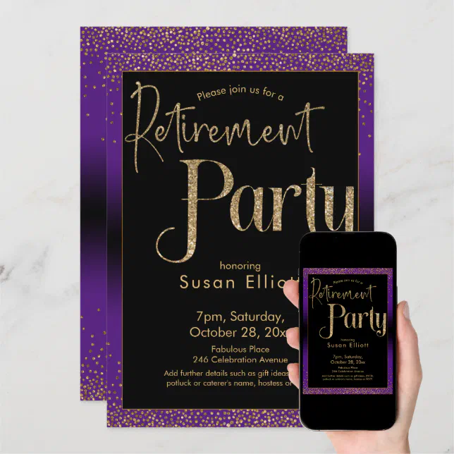 Retirement Party Gold Glitter on Bright Purple Invitation | Zazzle