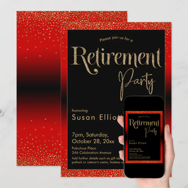 Retirement Party Gold Glitter on Cherry Red Invitation | Zazzle