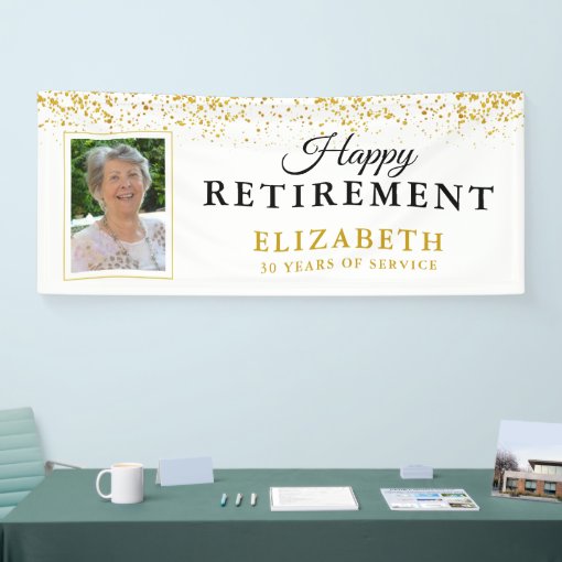 Retirement Party Gold Glitter White Photo Banner | Zazzle