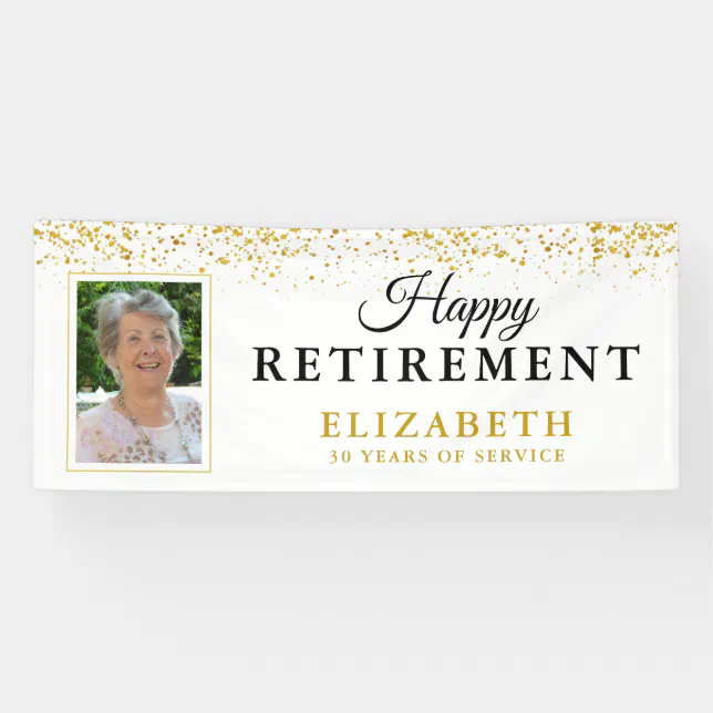 Retirement Party Gold Glitter White Photo Banner | Zazzle